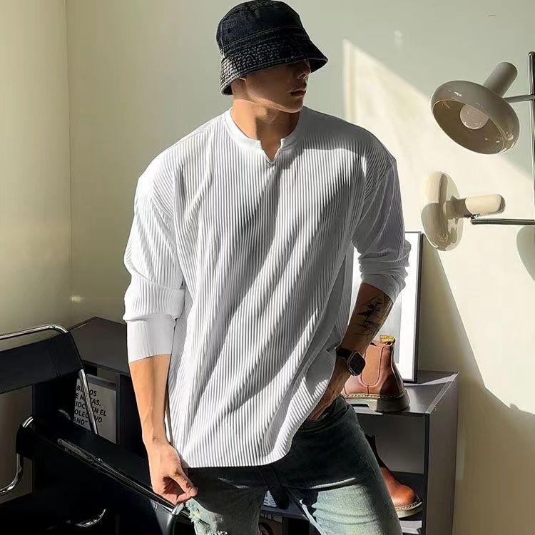 V-neck Pleated Draping Thread Loose Top Men's Spring and Autumn ...