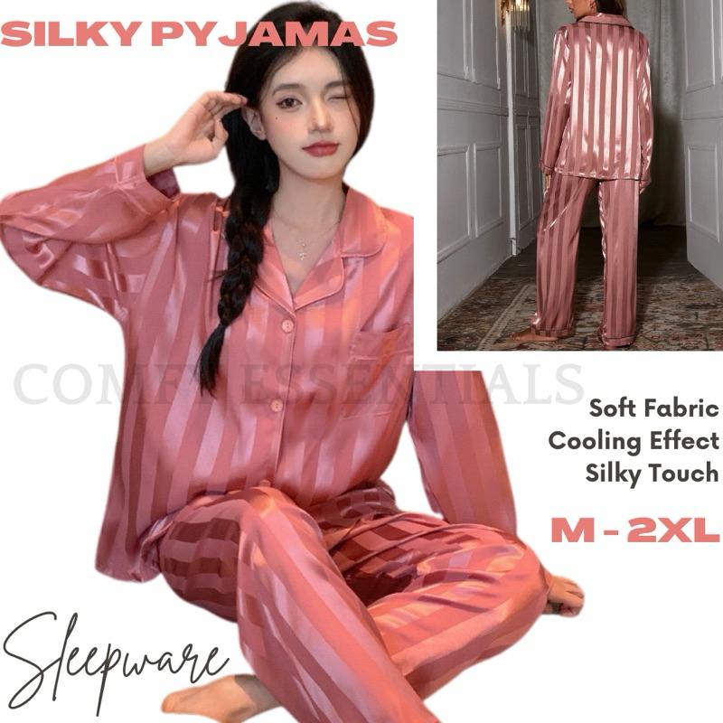 [2F] Premium 2pcs set Silk Satin Women Pyjamas Long Sleeves Long ...