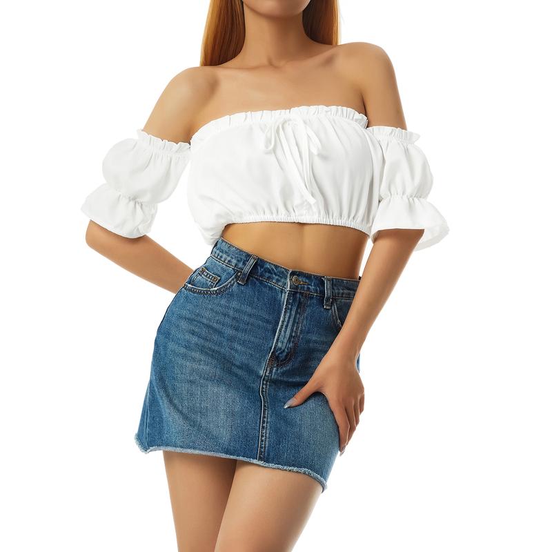 Baju Atasan Pendek, untuk Wanita, Gaya Panjang Bahu, Warna Pepejal ...