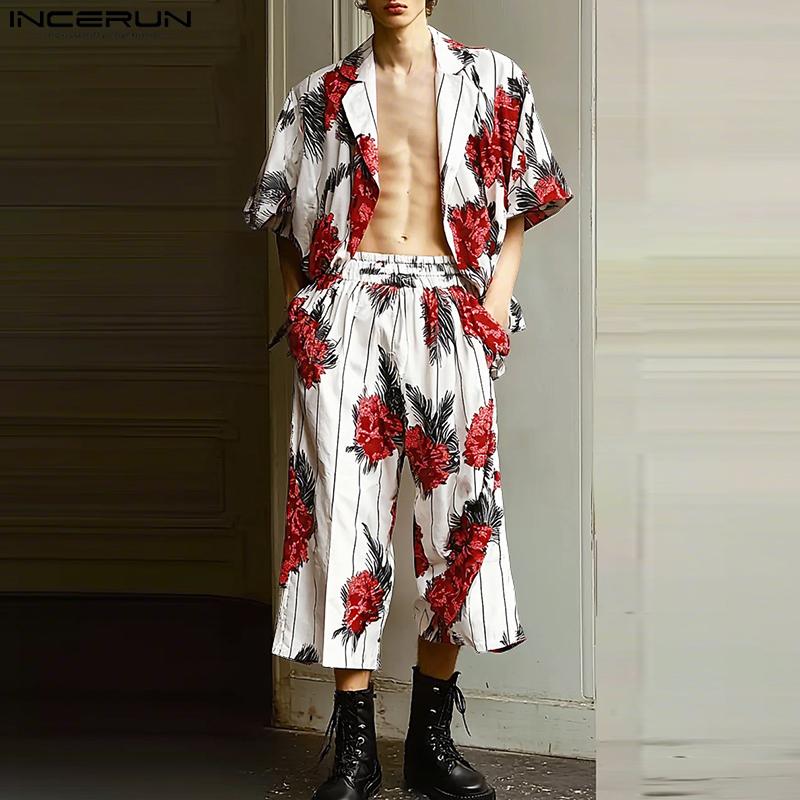 INCERUN Suits For Man Short Sleeve Shirt 3/4 Pants Trouser Set Floral ...
