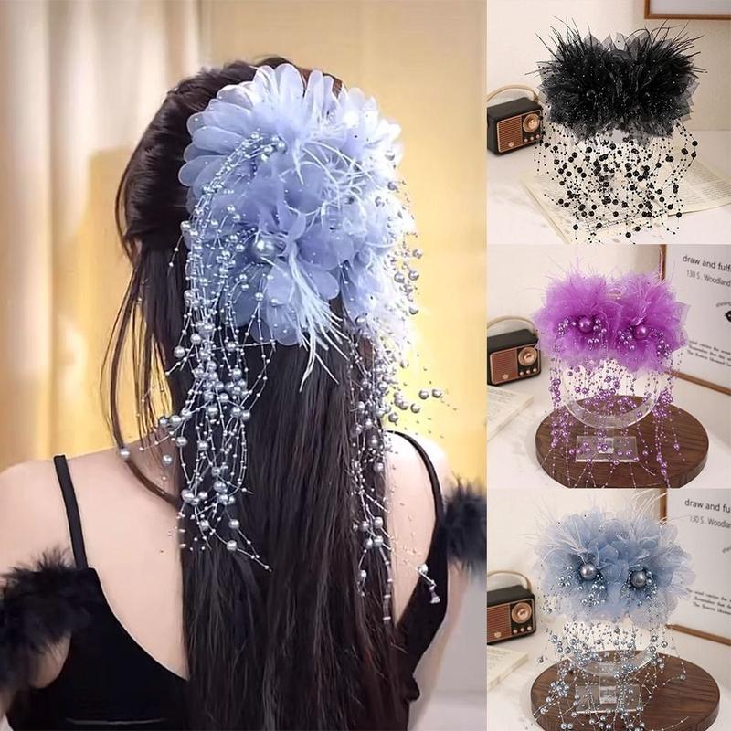 Fashion Cloth Grasping Clip Feather Flower Pearls Tassel Hai - TikTok ...
