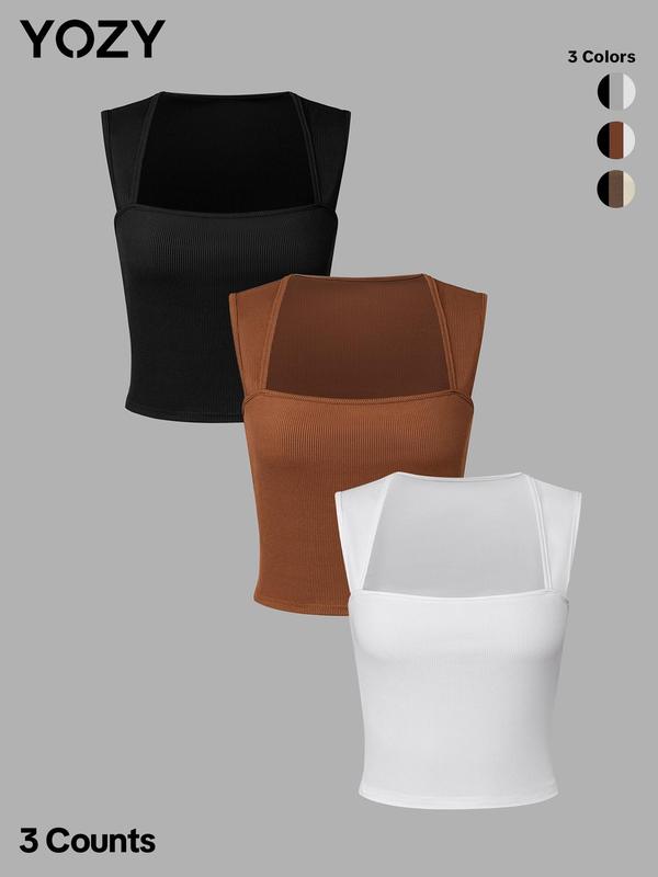 YOZY Women's Plain Square Neck Crop Tank Top, Casual Sleeveless ...