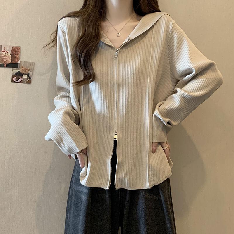 Kardigan bertudung dengan zip berkembar untuk wanita, baju sejuk ...