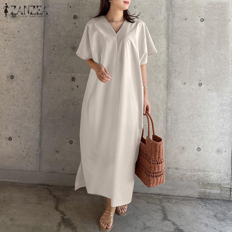 Gaun Panjang, ZANZEA, Lengan Pendek, Leher V, Labuh Belah, untuk ...