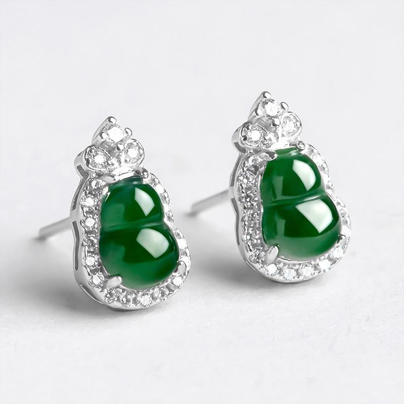 Anting-anting Stud Jed, Jedite Gourd yang Hijau, Bertatah Perak ...