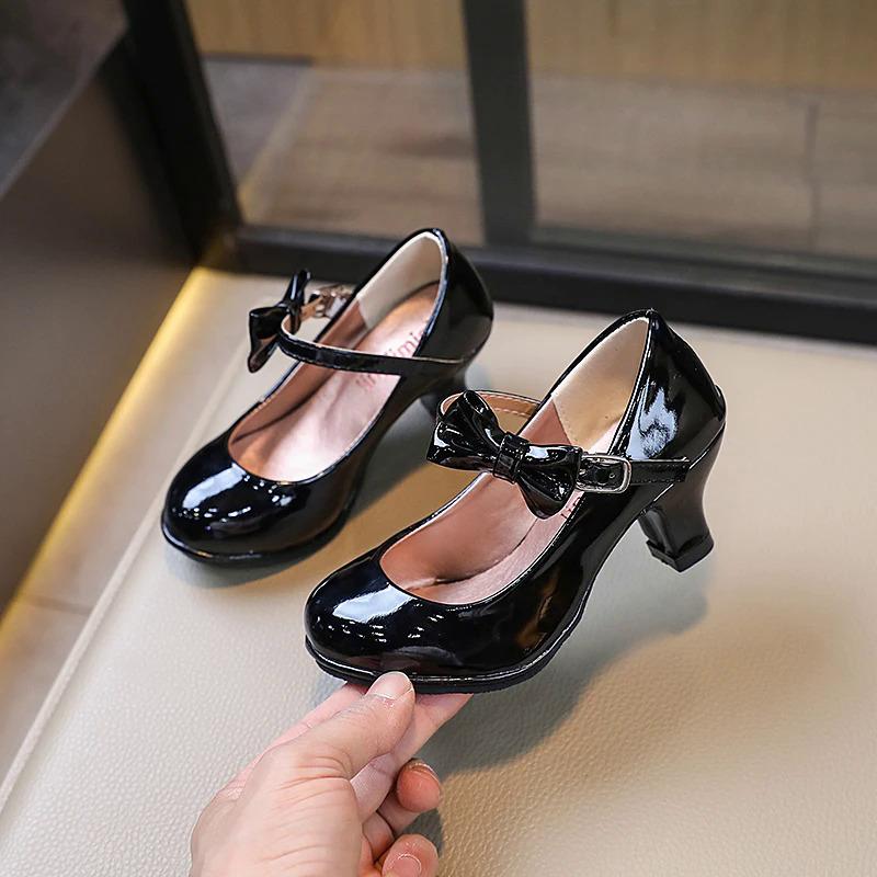 Girls bow patent leather high heels princess shoes black Lolita ...