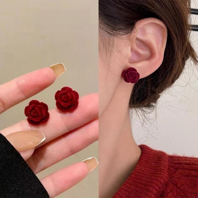 Anting-anting Stud Bunga Mawar, Baldu Vintaj, Warna Merah Wain, Elegan ...