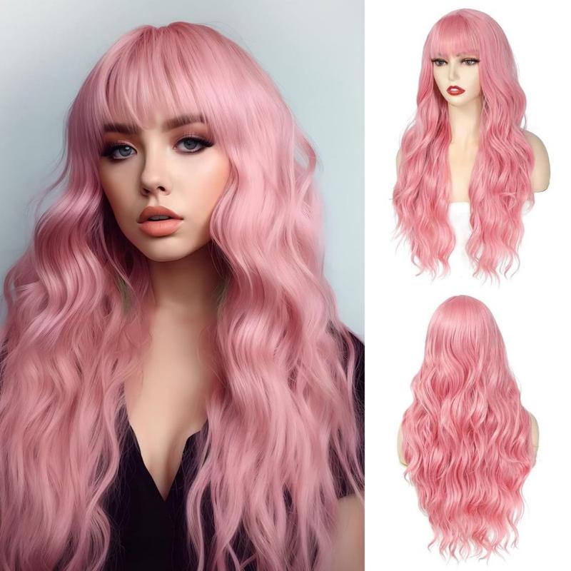 Matte Pink Wig Long Fluffy Curly Wavy Hair Wigs Wig Bangs Small ...