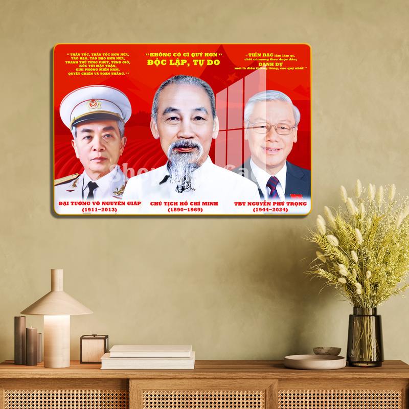 Tranh tráng gương 3 bác, Bác Hồ, bác Giáp, bác Trọng 4K HD treo ...