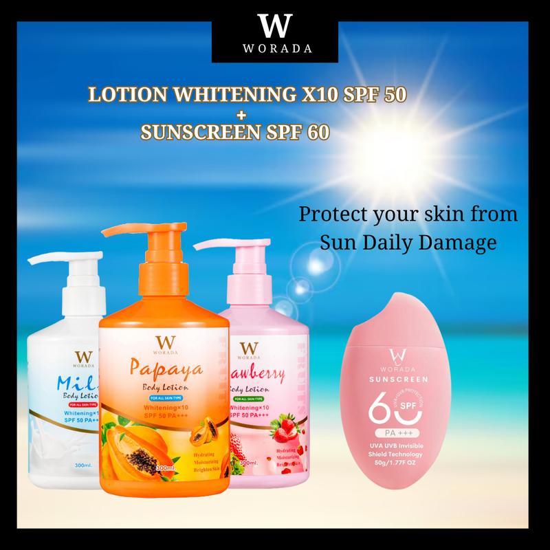 WORADA LOTION WHITENING X10 SPF50 and SUNSCREEN SPF 60 Sun Protection ...