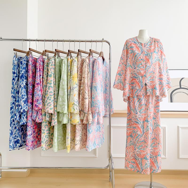 Set Pakaian Wanita, Eid Mubarak, Sulaman Bergaya, Cetakan Bunga ...