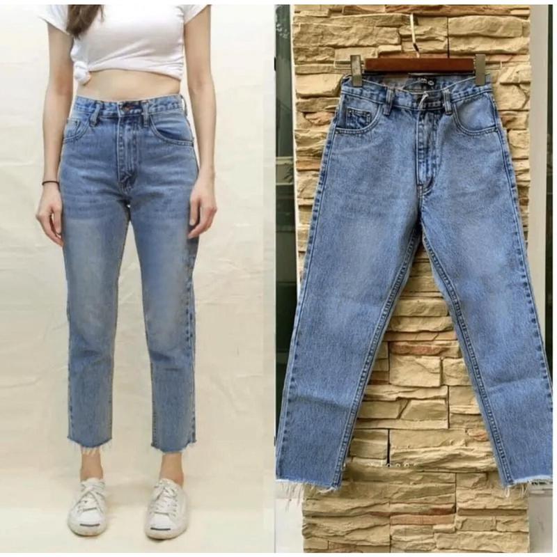 Seluar jeans biru retro untuk wanita, seluar jeans regangan lurus ...