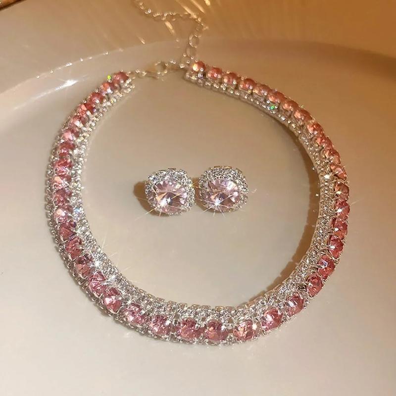 Elegant Pink AB Crystal Necklace & Earrings Set - TikTok Shop Singapore