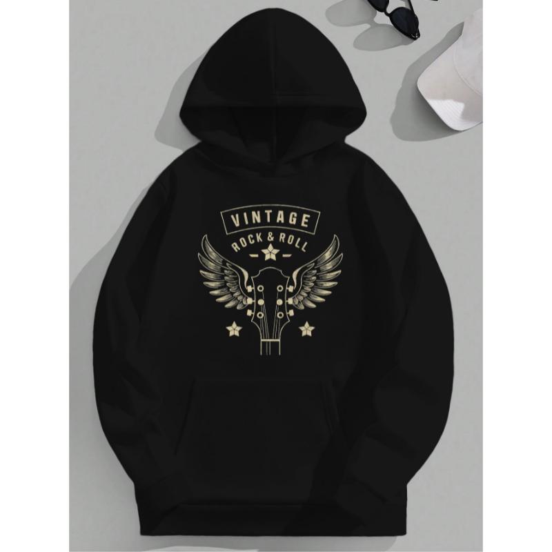 Men's Vintage Rock & Roll Hoodie - Black Casual Graphic Hooded - TikTok ...