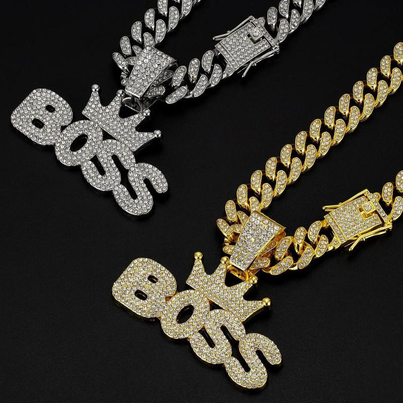 Men Women Hip Hop Bling Boss Letter Pendant Necklace 13mm Miami ...