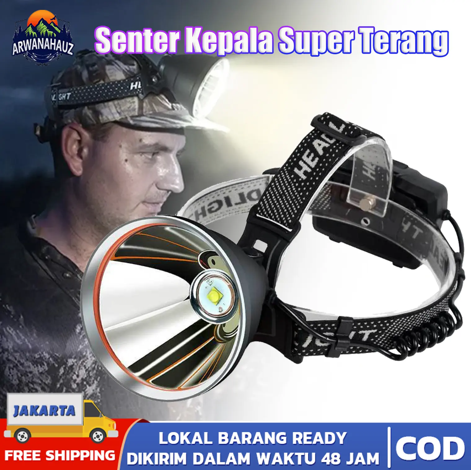 Senter Cas Super Terang Kepala Anti Air Jarak Jauh /Senter Kepala Led ...