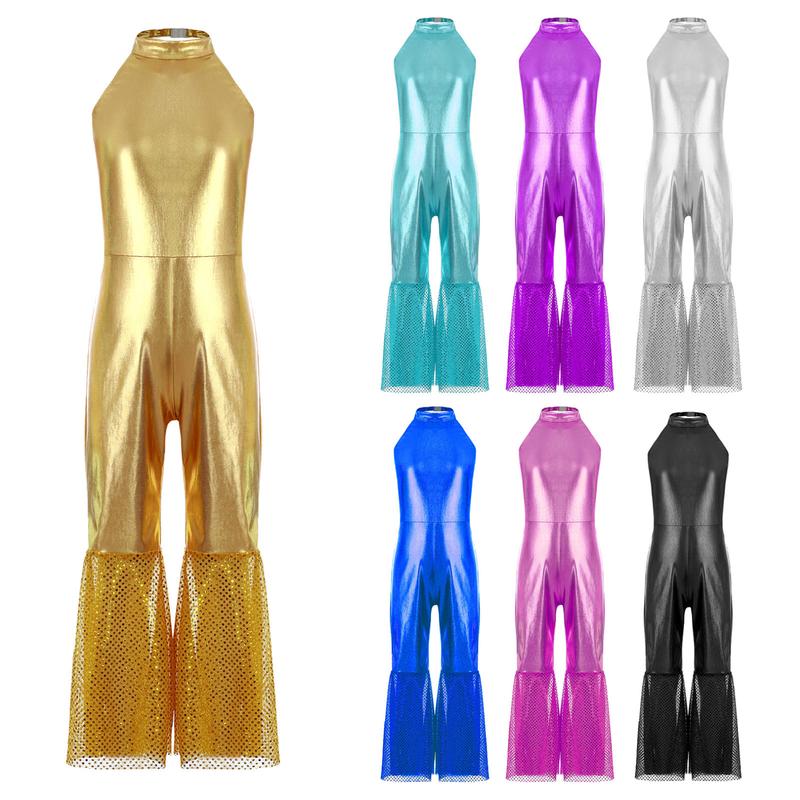 ZDHoor Kids Girls Mock Neck Shiny Metallic Long Jumpsuit Sleeveless ...
