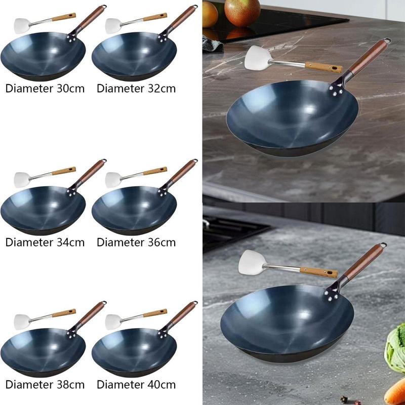 Wok Pan Nonstick Wok with Wooden Handle Pots Manual Forging Iron ...