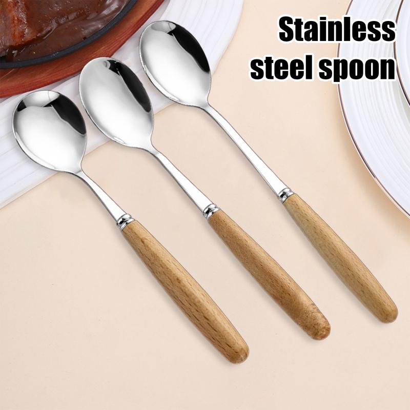 Sryadgn Wooden Handle Spoon Stainless Steel Serving Tablespoons ...