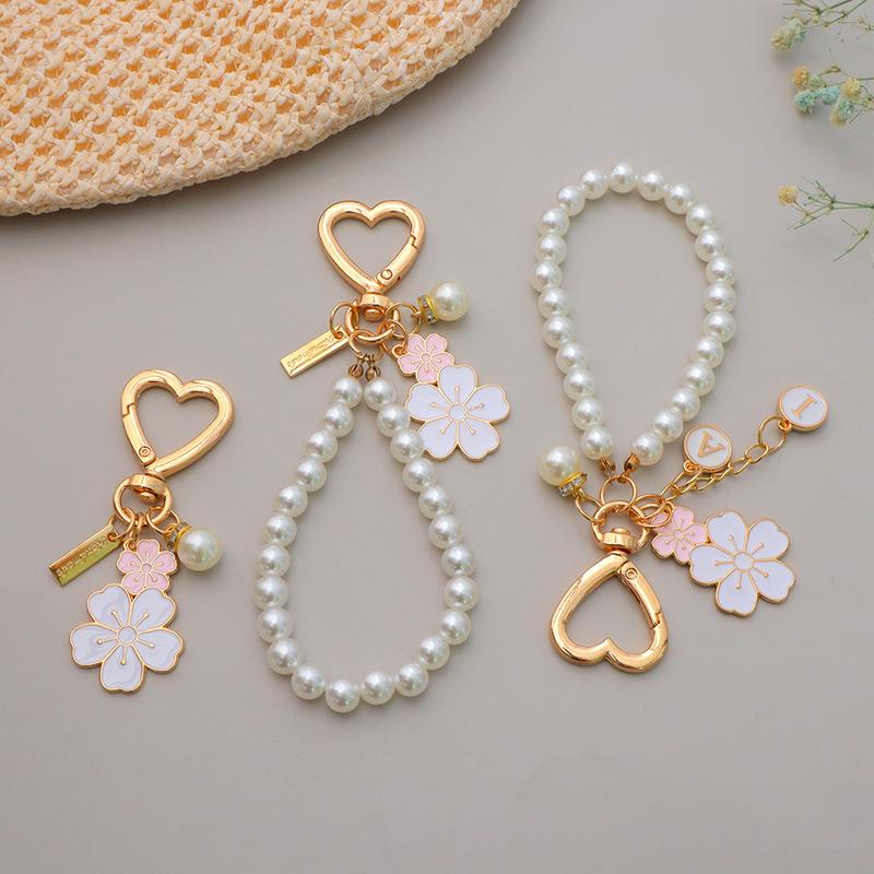 Two-tone Flower Pearl Pendant Keychain for Girls Anti-lost Beaded ...