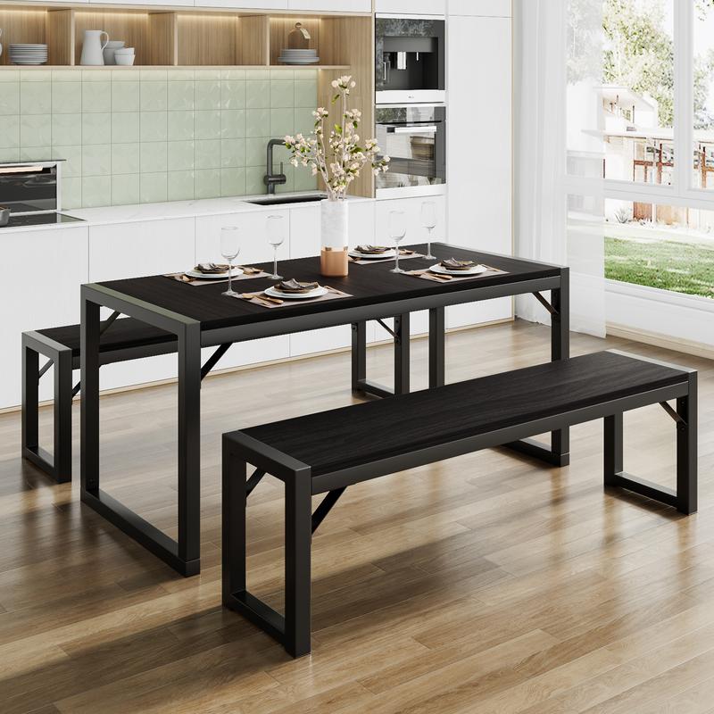 SHA CERLIN 3-Pieces Dining Table Set with 2 Benches, Rustic Kitchen ...