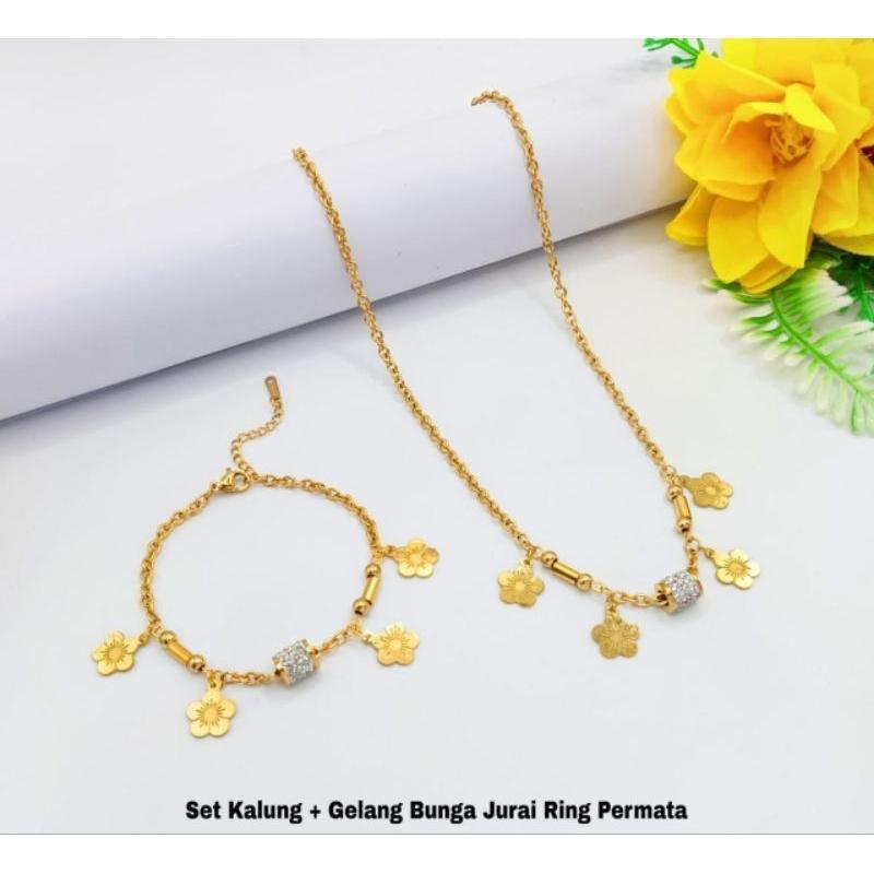 FORTUNE - SET KALUNG DAN GELANG BUNGA JURAI RING PERMATA TITANIUM ...