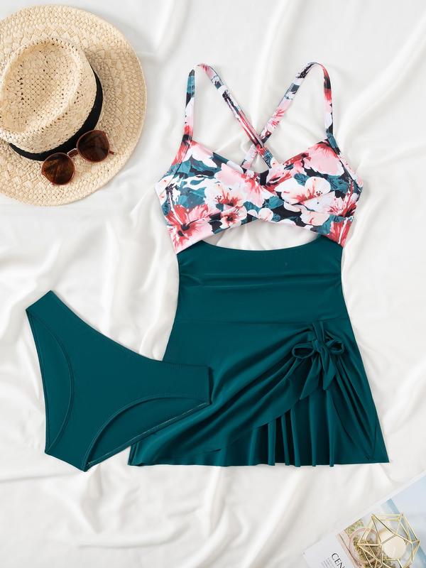 Women's Tropical Floral Print Criss Cross Cut Out Tankini Set, - TikTok ...