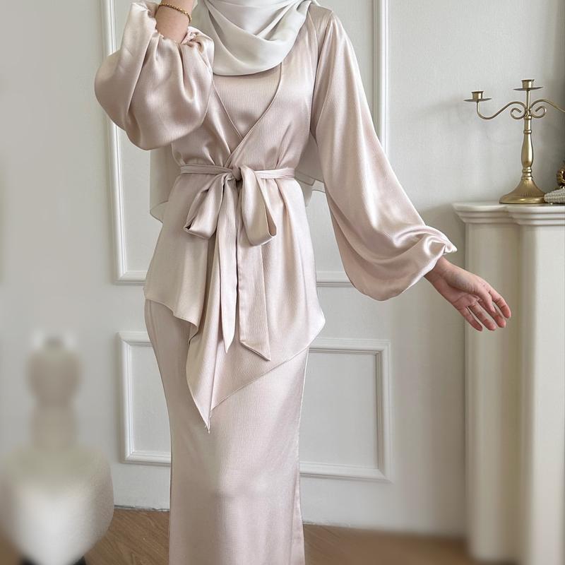 Gaun Sifon Maxi, Gaya Korea, Set Dua Keping Raya, dengan Kardigan ...