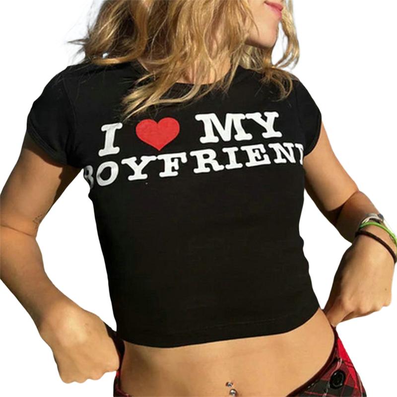 Women´s Summer Mini Crop Tops Short Sleeve O Neck Letter Heart Print ...
