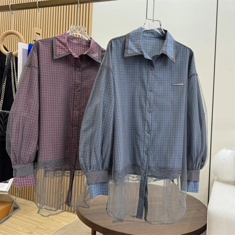 FADFAD Kemeja motif kotak-kotak oversized desain renda manis - Shop ...