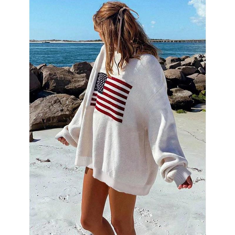 Usa Flag Design Drop Shoulder Sweater,Long Sleeve Tops Fit Hoodie White ...