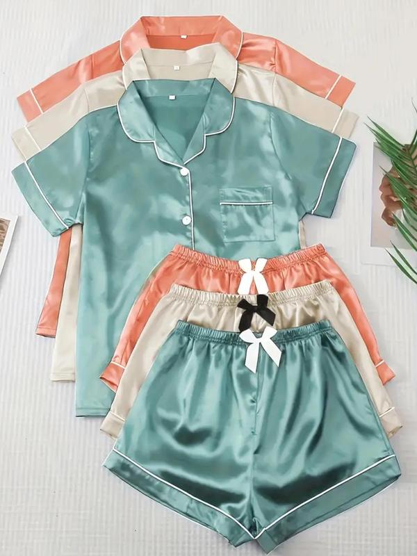Women's Solid Contrast Binding Bow Decor Pajama Set, Casual Short ...