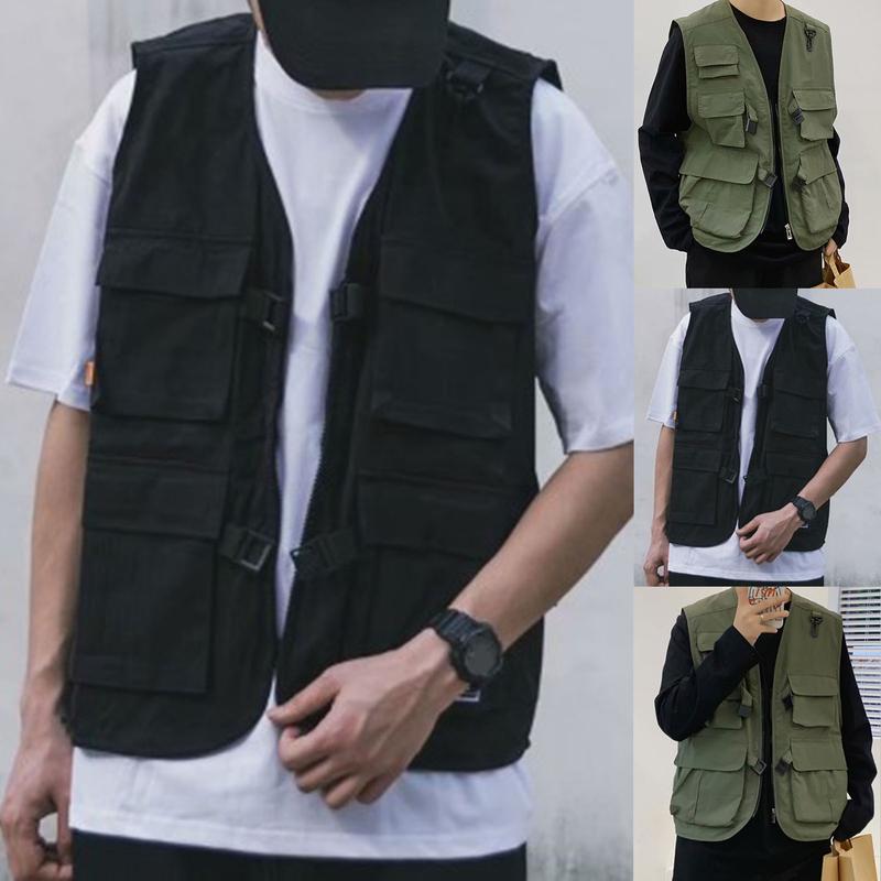 Multi Pockets Buckles Closure Tooling Vest Solid Color Sleeveless ...