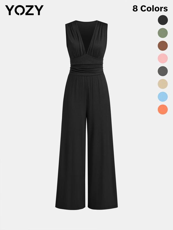 YOZY Deep V Neck Ruched Tank Jumpsuit, Sleeveless Wide Leg Jumpsuit ...