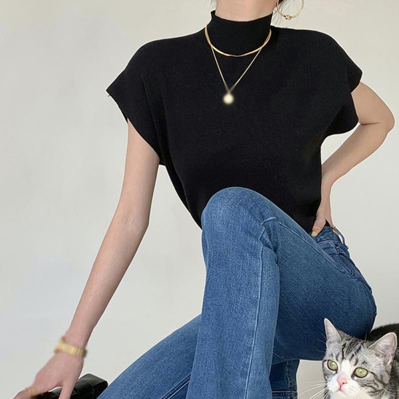 Kemeja-t rajutan separuh turtleneck wanita, kemeja-t lengan pendek ...