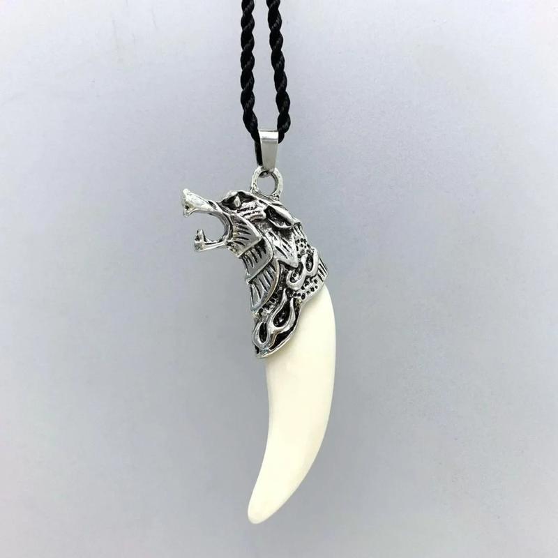 Vintage Silver Plated Wolf Tooth Pendant Necklace Acrylic White ...