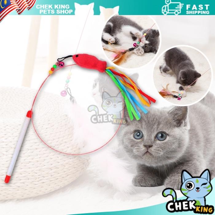 Mainan Kucing Funny Cat Stick Pets Cat Toy Colorful Feather Steel ...
