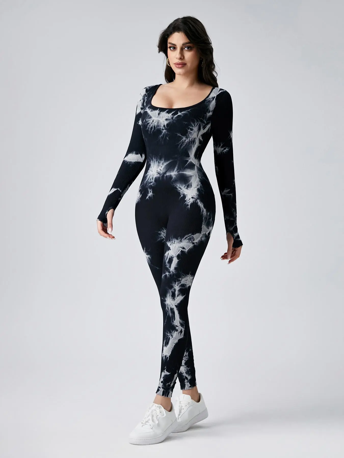 Women's Solid Ribbed Long Sleeve Sports Second-Skin Feel Tight-Fitting ...