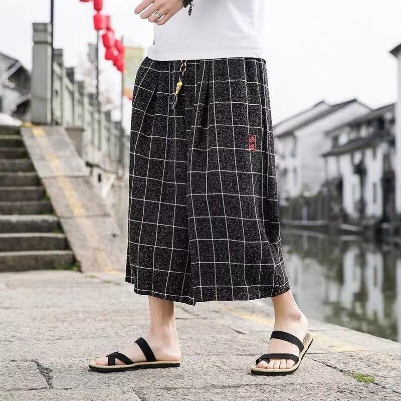 Summer Wide Leg Plaid Cropped Pants Men's Chinese Style Loos - TikTok ...