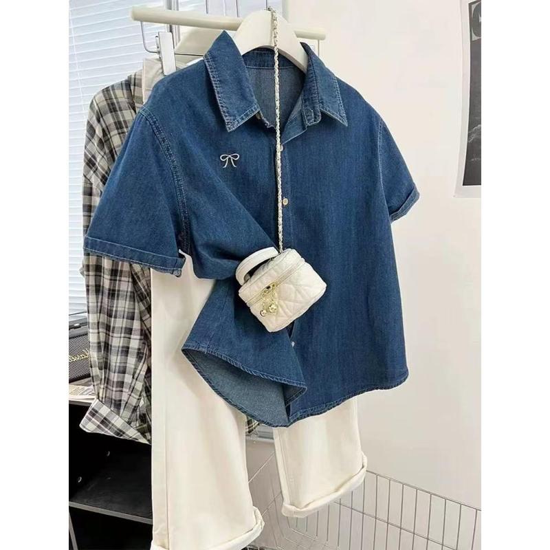 Kemeja Denim Bersulam Rama-rama, Gaya Retro, Baju Lengan Pendek ...