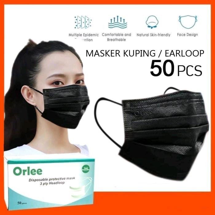 Masker 3 ply Hitam Full Black Orlee Medis 3ply earloop Kemenkes - Shop ...