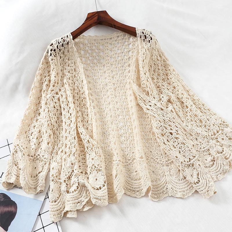 Open Lace Cardigan Crocheted Hollow Out Shrug Female Casual White ...