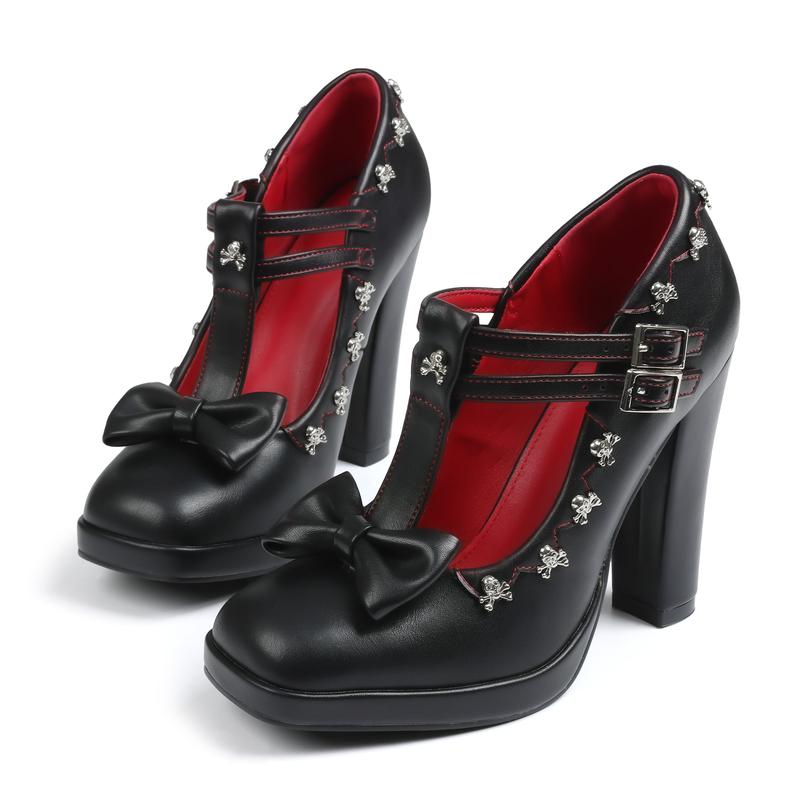 Womens Pumps Closed Round Toe Gothic T-Strap Mary Jane Shoes Block High ...