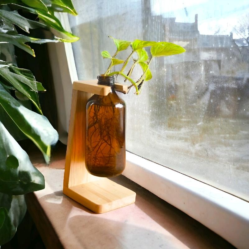 Vas Bunga Kaca Amber Stand Kayu Aesthetic / Pajangan Meja Dekorasi ...