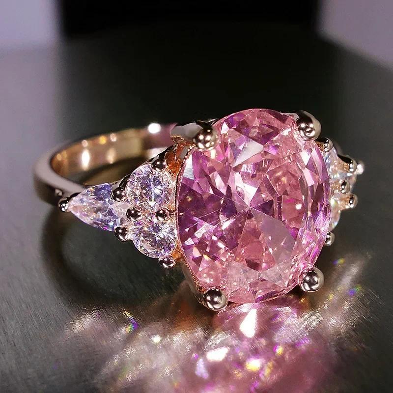 Cincin Zirkon Merah Jambu, Batu Bujur Besar, Untuk Wanita, Cincin ...
