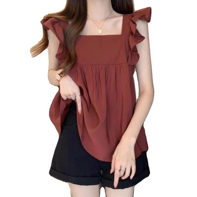 Baju Chic, Rekaan Manis Perancis, Kolar Persegi, Tanpa Belakang, dengan ...