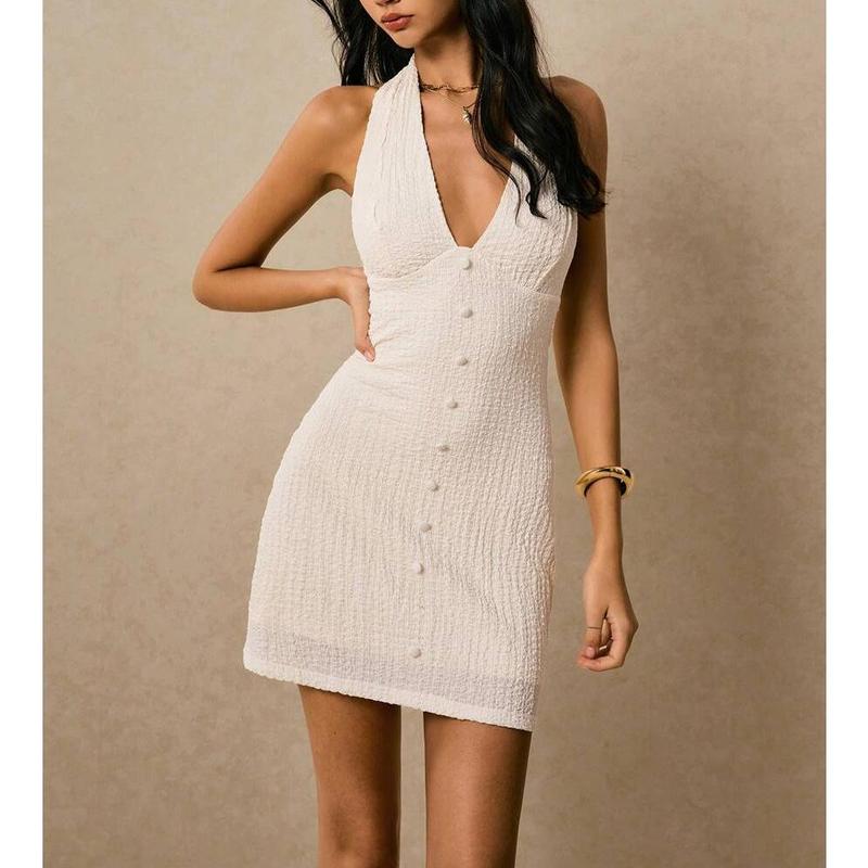 Apricot Mini Dress With Halterneck Design, Button Embellishment ...