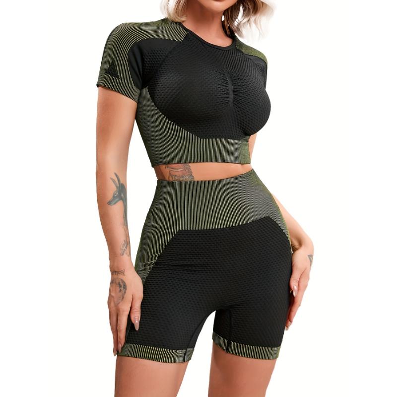 Women'S 2pcs Quick Dry Yoga Sportswear Set, Striped Knit Fabric ...