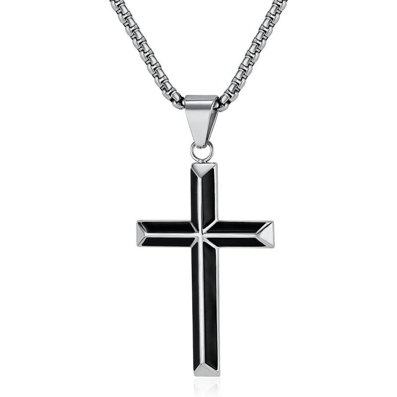 Cross Necklace for Men, Black Stainless Steel Beveled Edge Cross ...