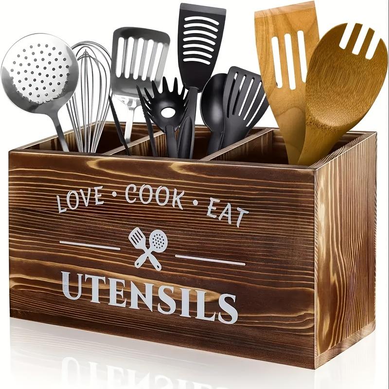 [Wooden Utensil Holder] 3 Compartments Brown Wooden Utensil Holder ...